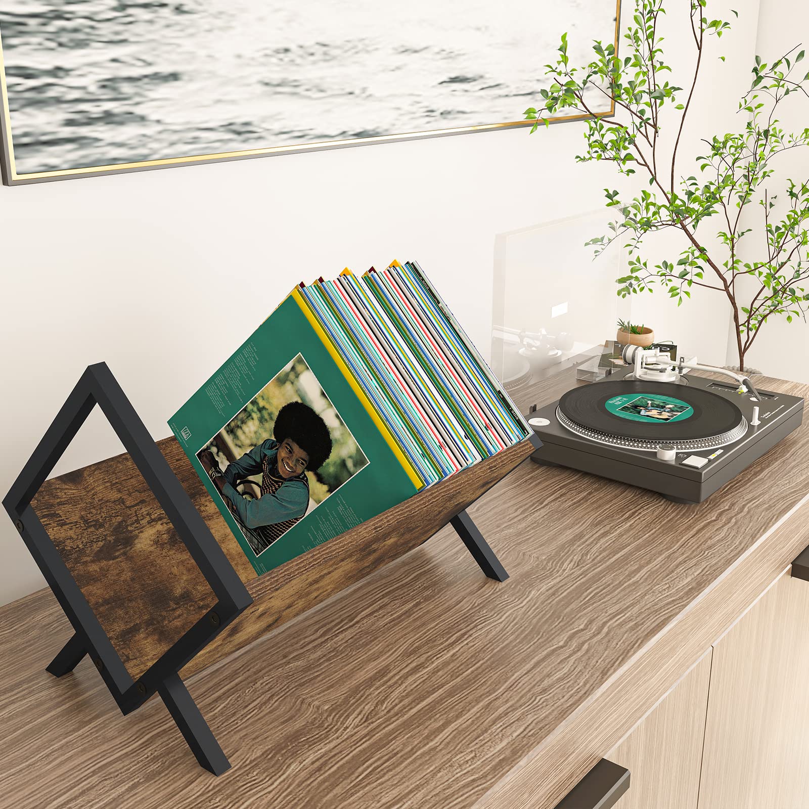 Giikin Vinyl Record Storage Holder, Holds up to 90-110 LPs, Metal and Wooden Vinyl Record Organizer Stand, Simple/Functional/Easy Assembly, Vinyl Shelf for Files/Book/Magazine/Record Rack