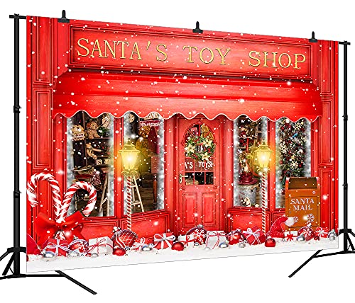 DePhoto Red Christmas Photo Backdrop Santa's Toy Shop Candy Cane in Snow World Xmas Family Holiday Party Banner Photography Background Supplies Decor Studio Prop PGT673E 12X10ft