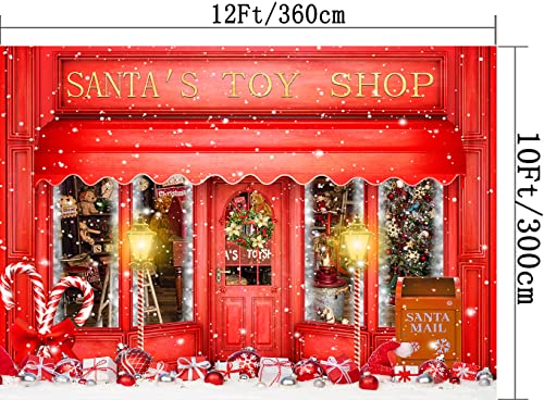 DePhoto Red Christmas Photo Backdrop Santa's Toy Shop Candy Cane in Snow World Xmas Family Holiday Party Banner Photography Background Supplies Decor Studio Prop PGT673E 12X10ft