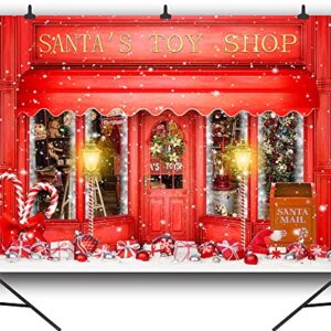 DePhoto Red Christmas Photo Backdrop Santa's Toy Shop Candy Cane in Snow World Xmas Family Holiday Party Banner Photography Background Supplies Decor Studio Prop PGT673F 15X10ft