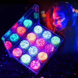 glow in the dark glitter gel for women, 12 colors chunky makeup fine glitter, uv black light glitter for body/face/hair/eyeshadow, glitter for carnival party(not loose glitter)