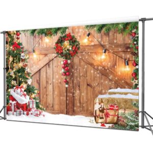 CYLYH 8x6FT Christmas Backdrop for Photography Winter Christmas Rustic Barn Wood Door Photography Backdrop Xmas Tree Snow Gifts Decor Background Banner for Family Holiday Party Supplies D554