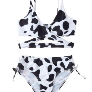 Milumia Girl's Cute Swimsuits Cow Print Wrap Knot Side Bikini Set 2 Piece Criss Cross Bathing Suit Black and White 11-12 Years