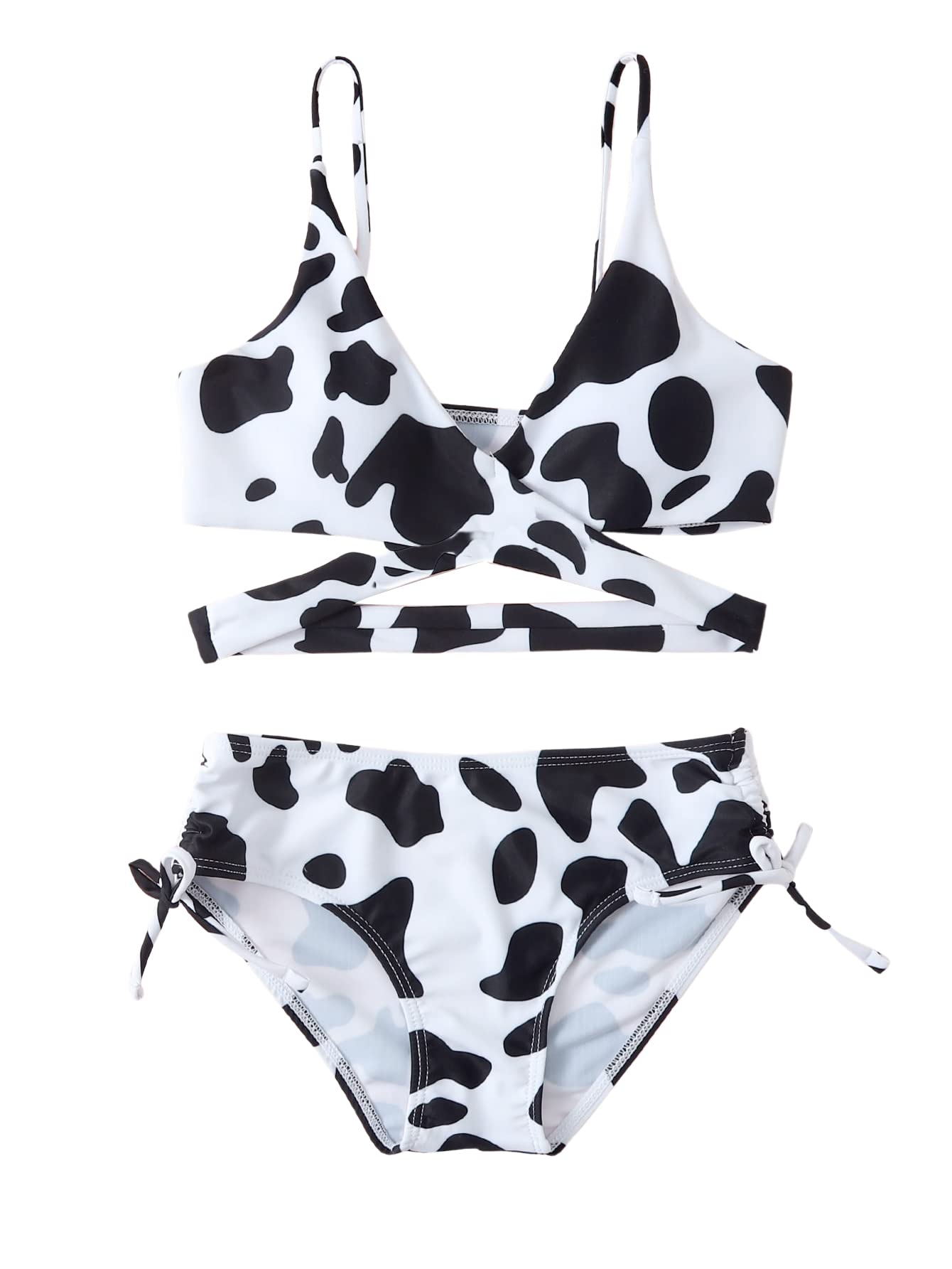 Milumia Girl's Cute Swimsuits Cow Print Wrap Knot Side Bikini Set 2 Piece Criss Cross Bathing Suit Black and White 11-12 Years