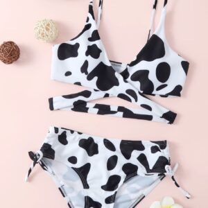 Milumia Girl's Cute Swimsuits Cow Print Wrap Knot Side Bikini Set 2 Piece Criss Cross Bathing Suit Black and White 11-12 Years