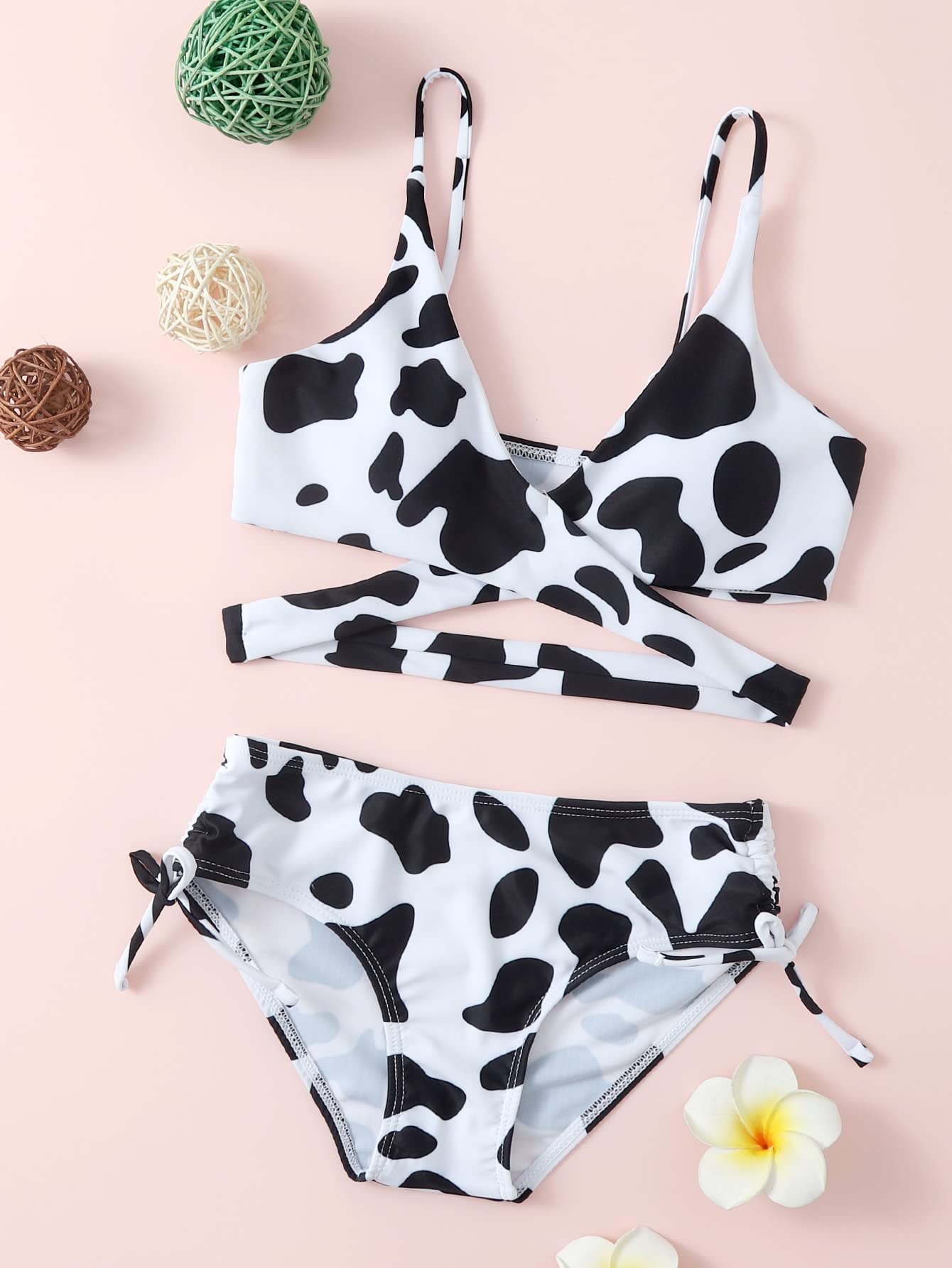 Milumia Girl's Cute Swimsuits Cow Print Wrap Knot Side Bikini Set 2 Piece Criss Cross Bathing Suit Black and White 11-12 Years