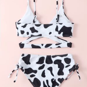 Milumia Girl's Cute Swimsuits Cow Print Wrap Knot Side Bikini Set 2 Piece Criss Cross Bathing Suit Black and White 11-12 Years