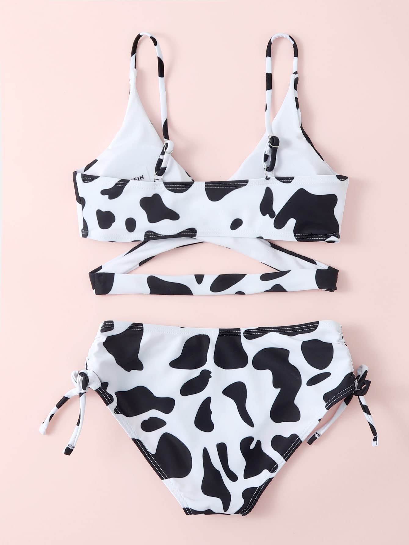 Milumia Girl's Cute Swimsuits Cow Print Wrap Knot Side Bikini Set 2 Piece Criss Cross Bathing Suit Black and White 11-12 Years