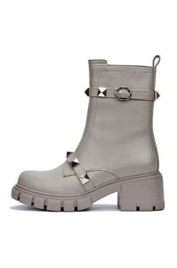 cape robbin yuri grey gold embellished buckle strap block chunky heel moto boots (grey gold, 8)