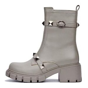 Cape Robbin Yuri Grey Gold Embellished Buckle Strap Block Chunky Heel Moto Boots (Grey Gold, 8)