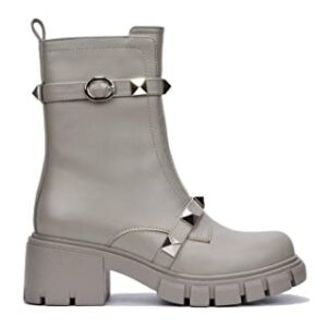 Cape Robbin Yuri Grey Gold Embellished Buckle Strap Block Chunky Heel Moto Boots (Grey Gold, 8)