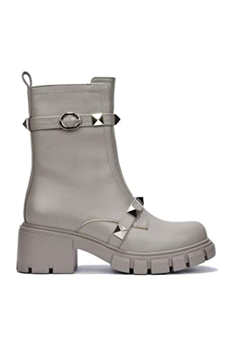 Cape Robbin Yuri Grey Gold Embellished Buckle Strap Block Chunky Heel Moto Boots (Grey Gold, 8)