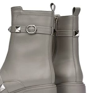 Cape Robbin Yuri Grey Gold Embellished Buckle Strap Block Chunky Heel Moto Boots (Grey Gold, 8)