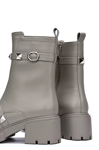 Cape Robbin Yuri Grey Gold Embellished Buckle Strap Block Chunky Heel Moto Boots (Grey Gold, 8)