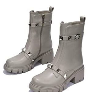 Cape Robbin Yuri Grey Gold Embellished Buckle Strap Block Chunky Heel Moto Boots (Grey Gold, 8)