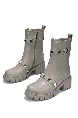 Cape Robbin Yuri Grey Gold Embellished Buckle Strap Block Chunky Heel Moto Boots (Grey Gold, 8)