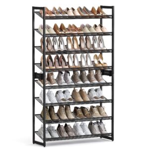 songmics shoe rack, 8-tier shoe organizer, metal shoe storage for garage, entryway, set of 2 4-tier stackable shoe shelf, with adjustable flat or angled shelves, holds 32-40 pairs, black