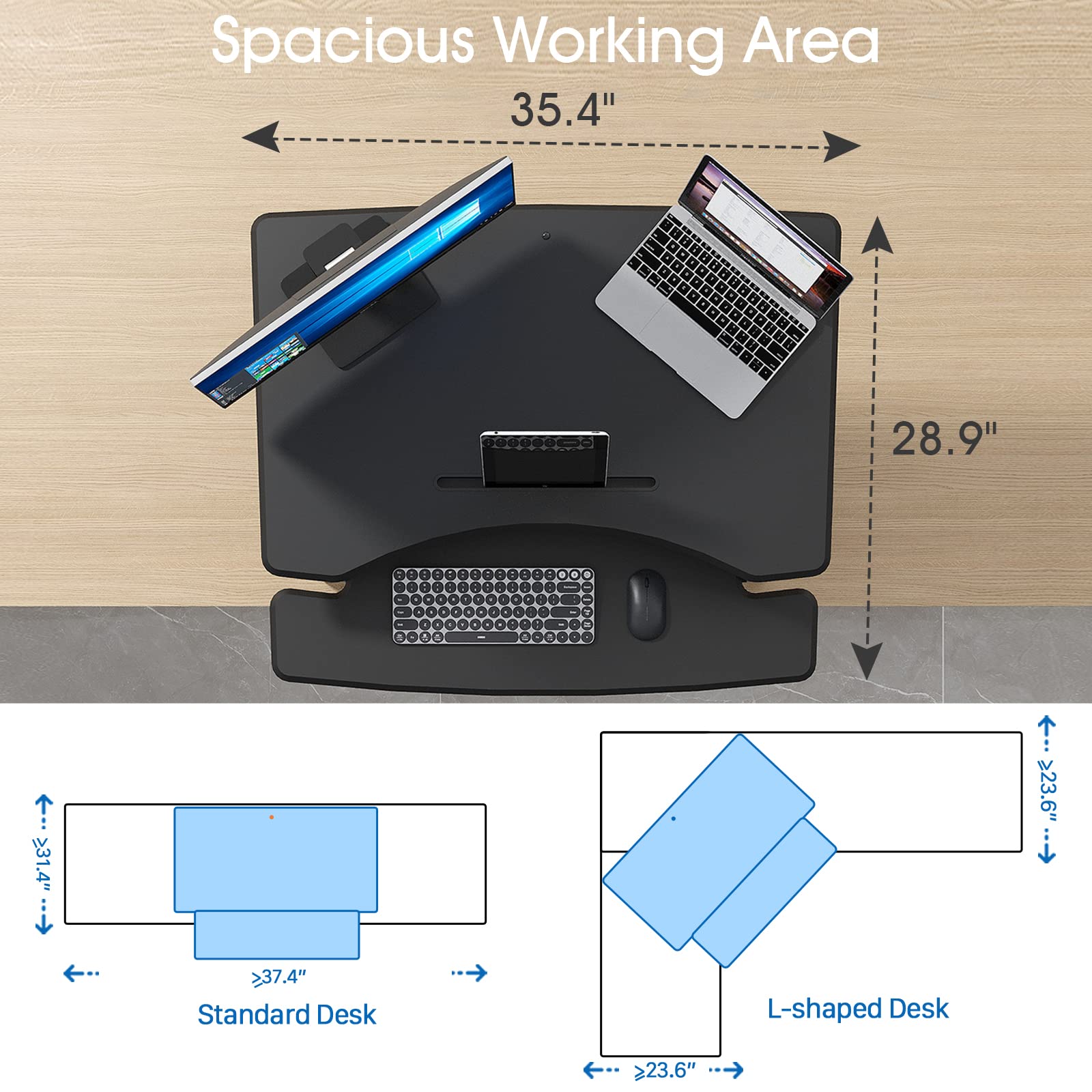 Joy Seeker Standing Desk Converter 35 Inches Height Adjustable Sit to Stand Desk Riser Dual Gas Springs Stand up Desk with Wide Keyboard Tray for Laptops Dual Monitor Riser Workstation, Black