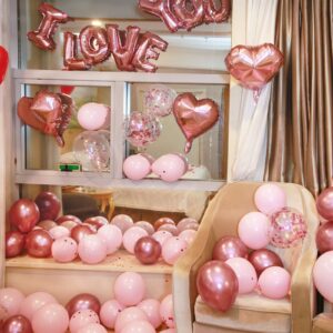 CAKKA Valentines Day Balloons Kit, 101 Pack Rose Gold Pink Heart Balloons with Rose Petals, I Love You Balloons for Anniversary Mothers Day Wedding Romantic Decorations Special Night