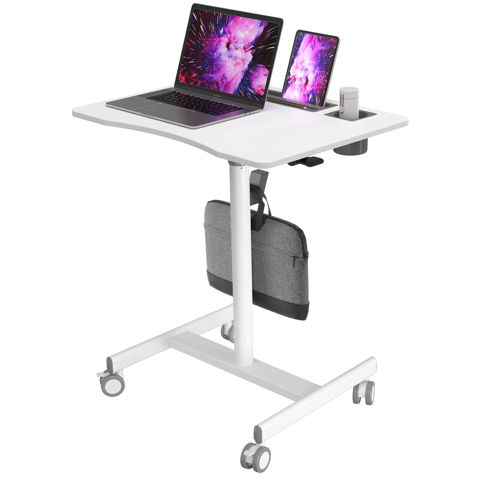 JYLH JOYSEEKER Mobile Standing Desk, 28 inch Rolling Standing Laptop Desk with Cup Holder, Mobile Desk Workstation with Wheels, Portable Computer Desk Cart with Hook for Home Office, White