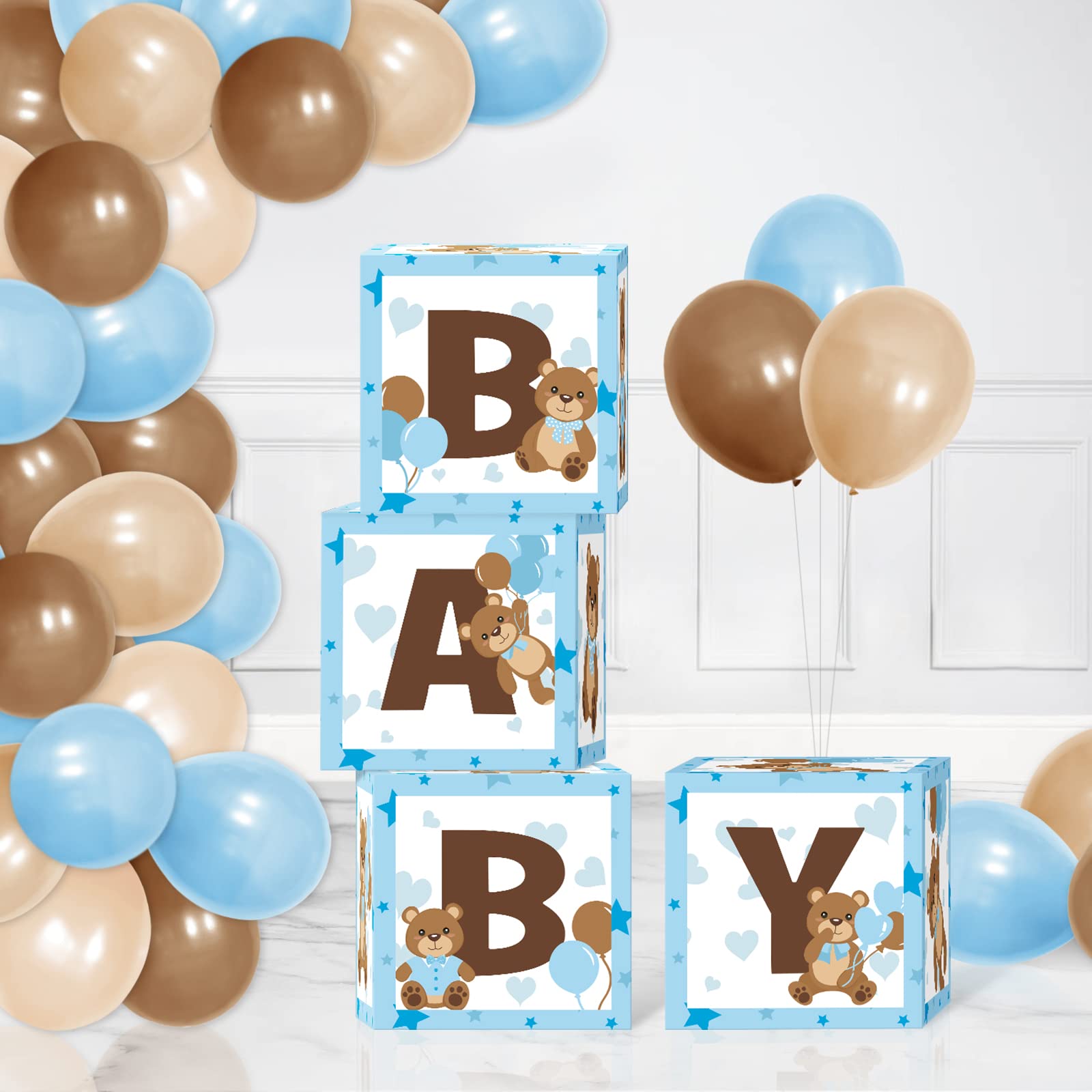 40PCS Teddy Bear Baby Shower Boxes Decorations Bear Theme Party Boxes Block Backdrop Favor with Blue Brown Balloons for Teddy Bear Birthday We Can Bearly Wait Party Supplies