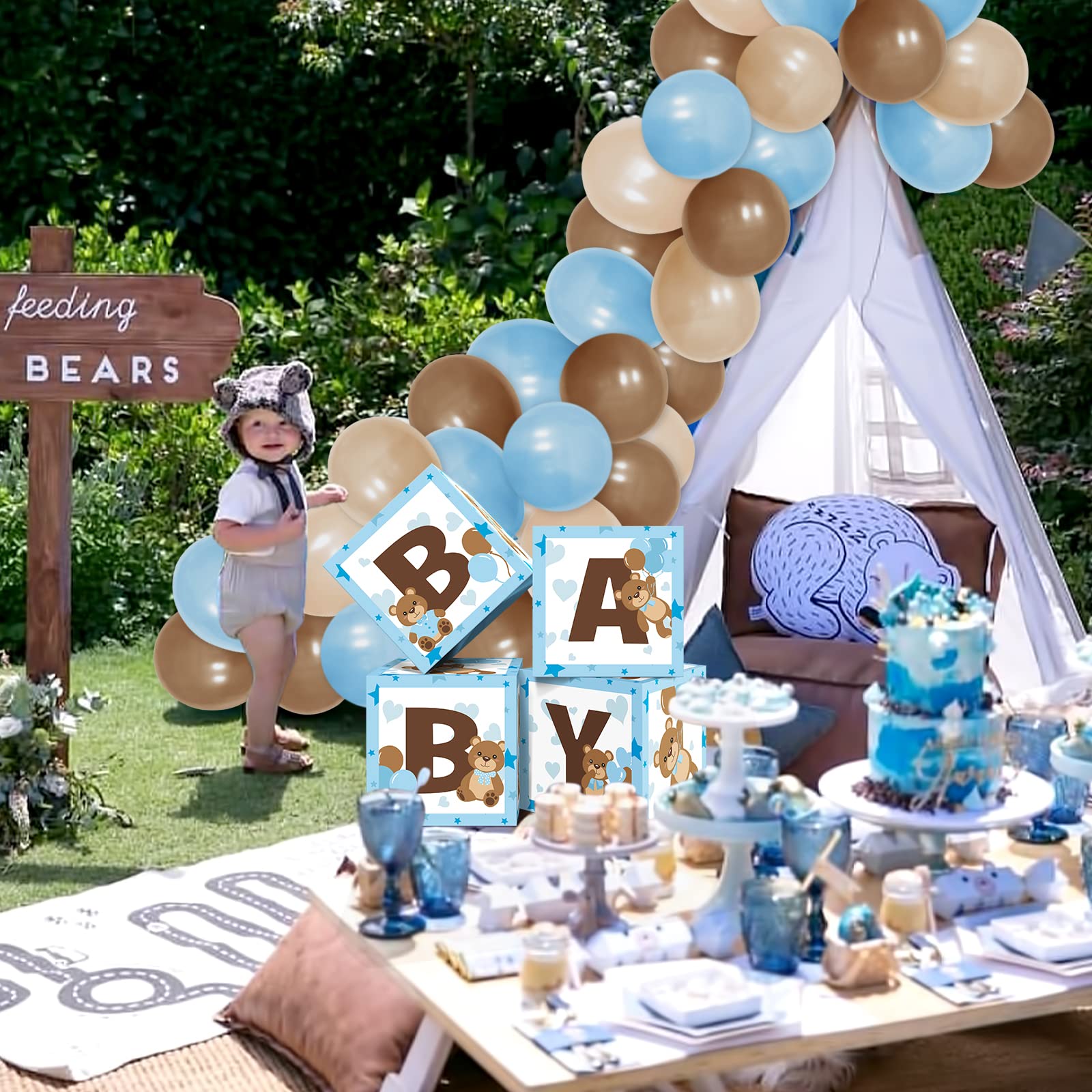 40PCS Teddy Bear Baby Shower Boxes Decorations Bear Theme Party Boxes Block Backdrop Favor with Blue Brown Balloons for Teddy Bear Birthday We Can Bearly Wait Party Supplies