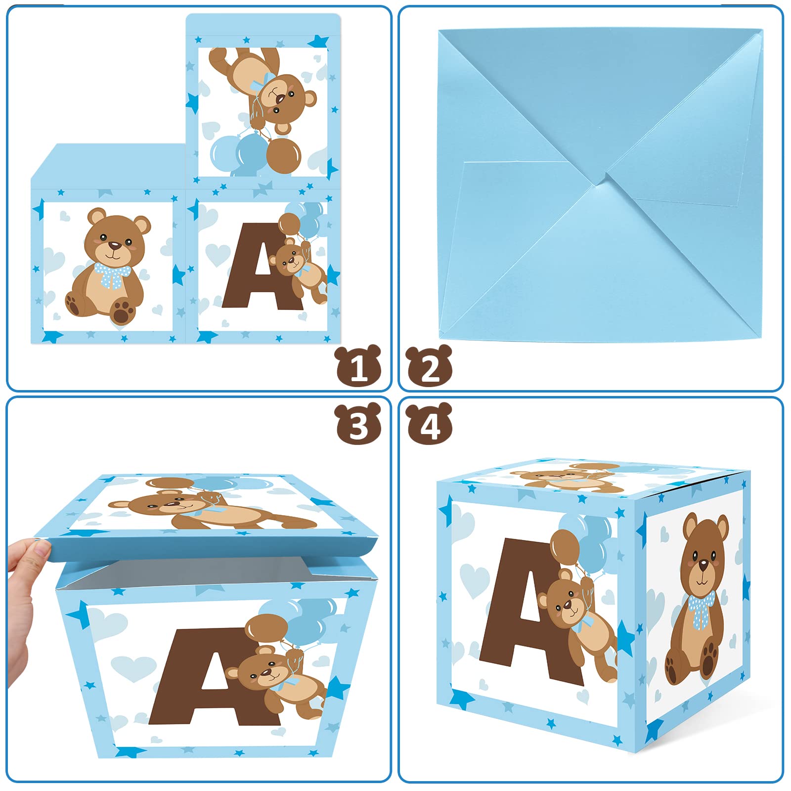 40PCS Teddy Bear Baby Shower Boxes Decorations Bear Theme Party Boxes Block Backdrop Favor with Blue Brown Balloons for Teddy Bear Birthday We Can Bearly Wait Party Supplies