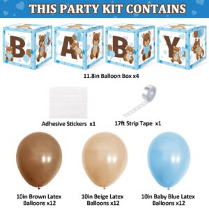 40PCS Teddy Bear Baby Shower Boxes Decorations Bear Theme Party Boxes Block Backdrop Favor with Blue Brown Balloons for Teddy Bear Birthday We Can Bearly Wait Party Supplies