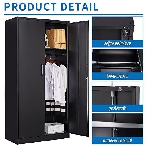 BYNSOE Metal Storage Locker Cabinet,Metal Locker 72” Black Tall Steel Wardrobe,Employees Locker with Hanging Rod,Shelves and Lockable Doors for Home, School, Office - Assembly Required (Black-Style 3)