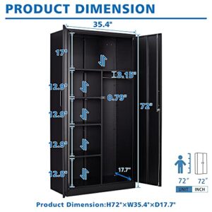 BYNSOE Metal Storage Locker Cabinet,Metal Locker 72” Black Tall Steel Wardrobe,Employees Locker with Hanging Rod,Shelves and Lockable Doors for Home, School, Office - Assembly Required (Black-Style 3)