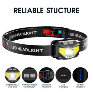 Juninp Headlamp Rechargeable, 2-Pack Head Lamp Outdoor LED Rechargeable, 1100 Lumen Super Bright White Red Light Flashlights, Waterproof, Motion Sensor, 8 Modes, Outdoor Fishing and Camping Headlight