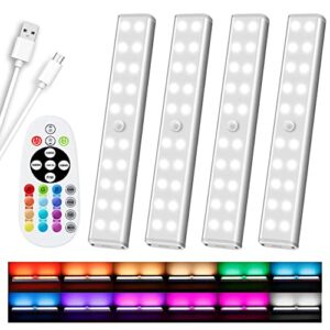 diomart 48 led under cabinet lighting wireless, 15 colors changeable rechargeable rgb under cabinet lights remote control under counter lights mini night light bar for indoor display shelf, 4 pack