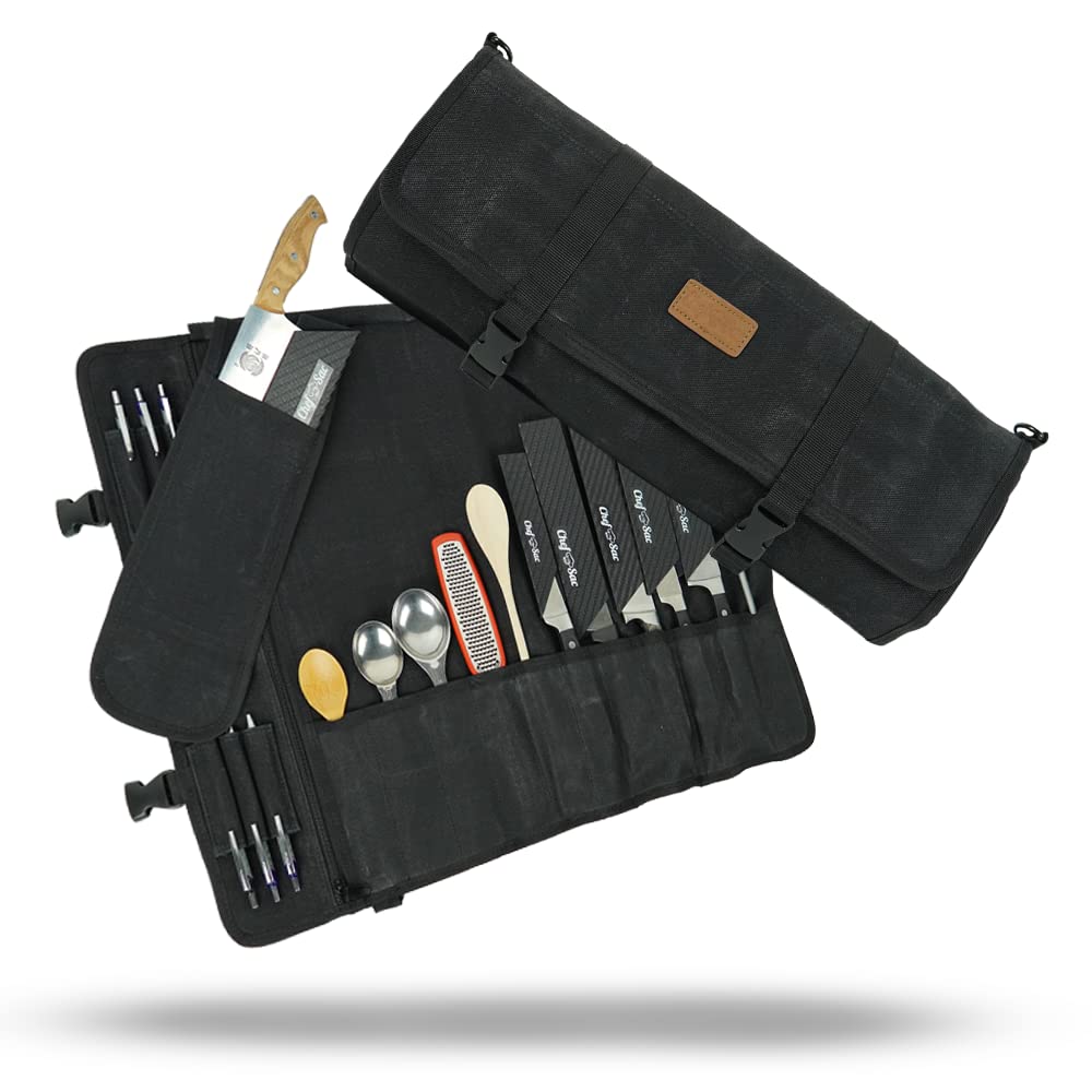 Chef Sac Elite Chef Knife Roll | 16oz Ultra Waxed Canvas Knife Case | 12+ Slots for Knives & Kitchen Tools | w/Carrying Strap | Knife Organizer for Pro Chefs | Tools Not Included, Bag Only