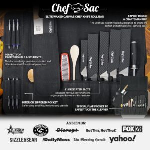 Chef Sac Elite Chef Knife Roll | 16oz Ultra Waxed Canvas Knife Case | 12+ Slots for Knives & Kitchen Tools | w/Carrying Strap | Knife Organizer for Pro Chefs | Tools Not Included, Bag Only