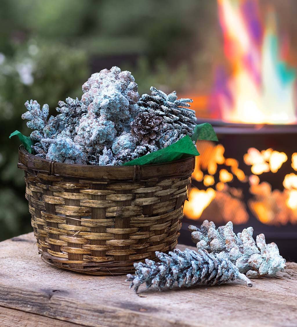 Plow and Hearth Color-Changing Fireplace Color Cones, 1 lb. in Gift Basket, Indoor/Outdoor Wood Fires, Fire Pit, Hostess Gift, Housewarming Gifts, 10 Minutes, Blue and Green Flames, 7" Dia. x 10" H