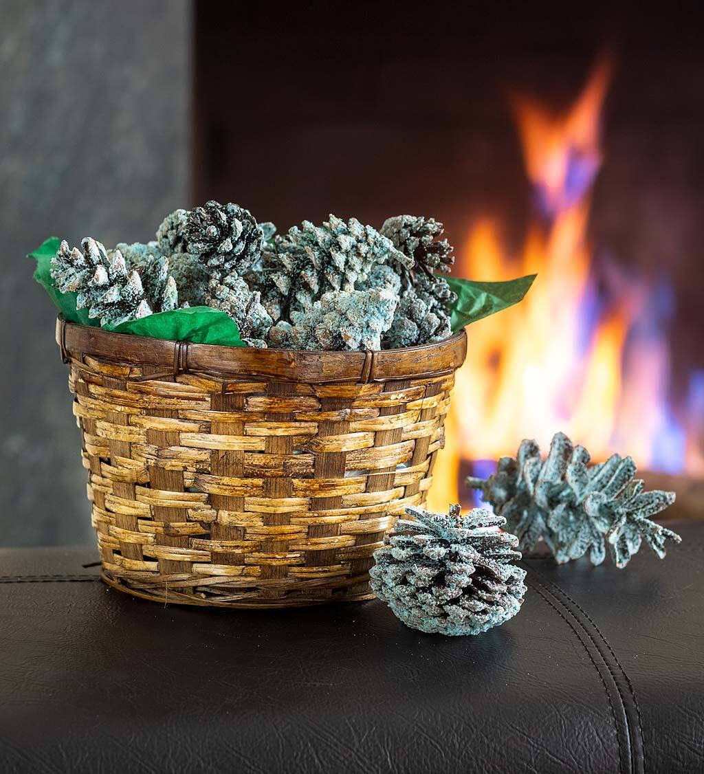 Plow and Hearth Color-Changing Fireplace Color Cones, 1 lb. in Gift Basket, Indoor/Outdoor Wood Fires, Fire Pit, Hostess Gift, Housewarming Gifts, 10 Minutes, Blue and Green Flames, 7" Dia. x 10" H