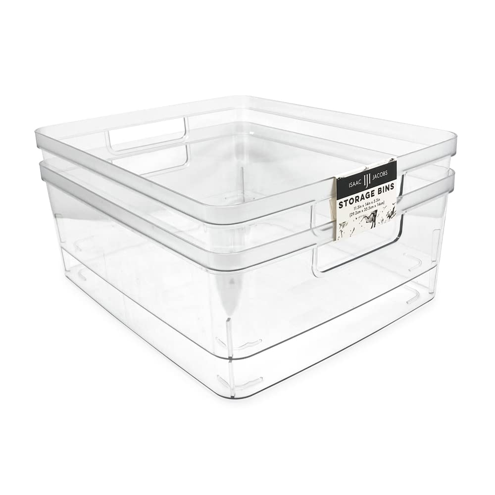 Isaac Jacobs 2-Pack Large Clear Storage Bins (11.5” L x 14” W x 5.5” H) w/Cutout Handles, Plastic Organizer for Home, Office, Kitchen, Fridge/Freezer, Bathroom, BPA Free, Food Safe (Large)