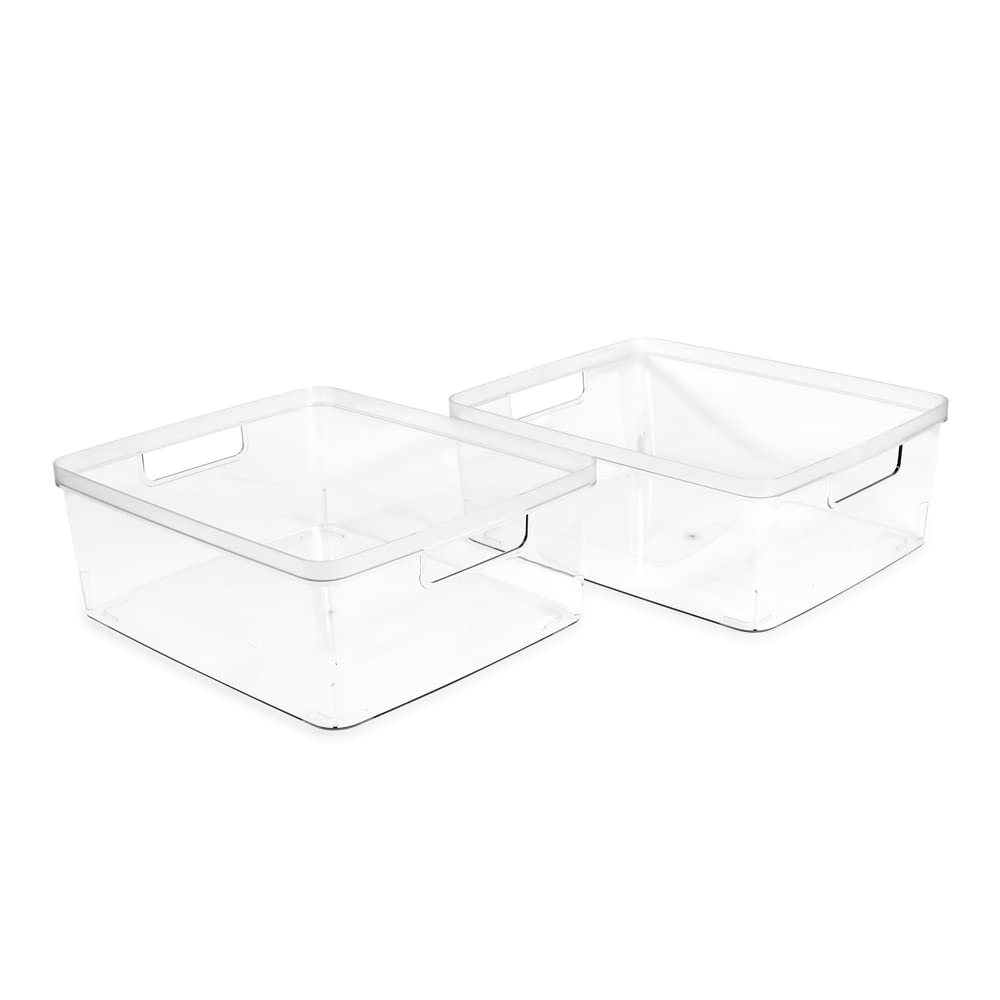 Isaac Jacobs 2-Pack Large Clear Storage Bins (11.5” L x 14” W x 5.5” H) w/Cutout Handles, Plastic Organizer for Home, Office, Kitchen, Fridge/Freezer, Bathroom, BPA Free, Food Safe (Large)