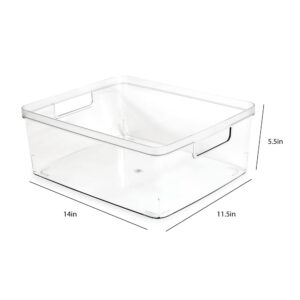 Isaac Jacobs 2-Pack Large Clear Storage Bins (11.5” L x 14” W x 5.5” H) w/Cutout Handles, Plastic Organizer for Home, Office, Kitchen, Fridge/Freezer, Bathroom, BPA Free, Food Safe (Large)