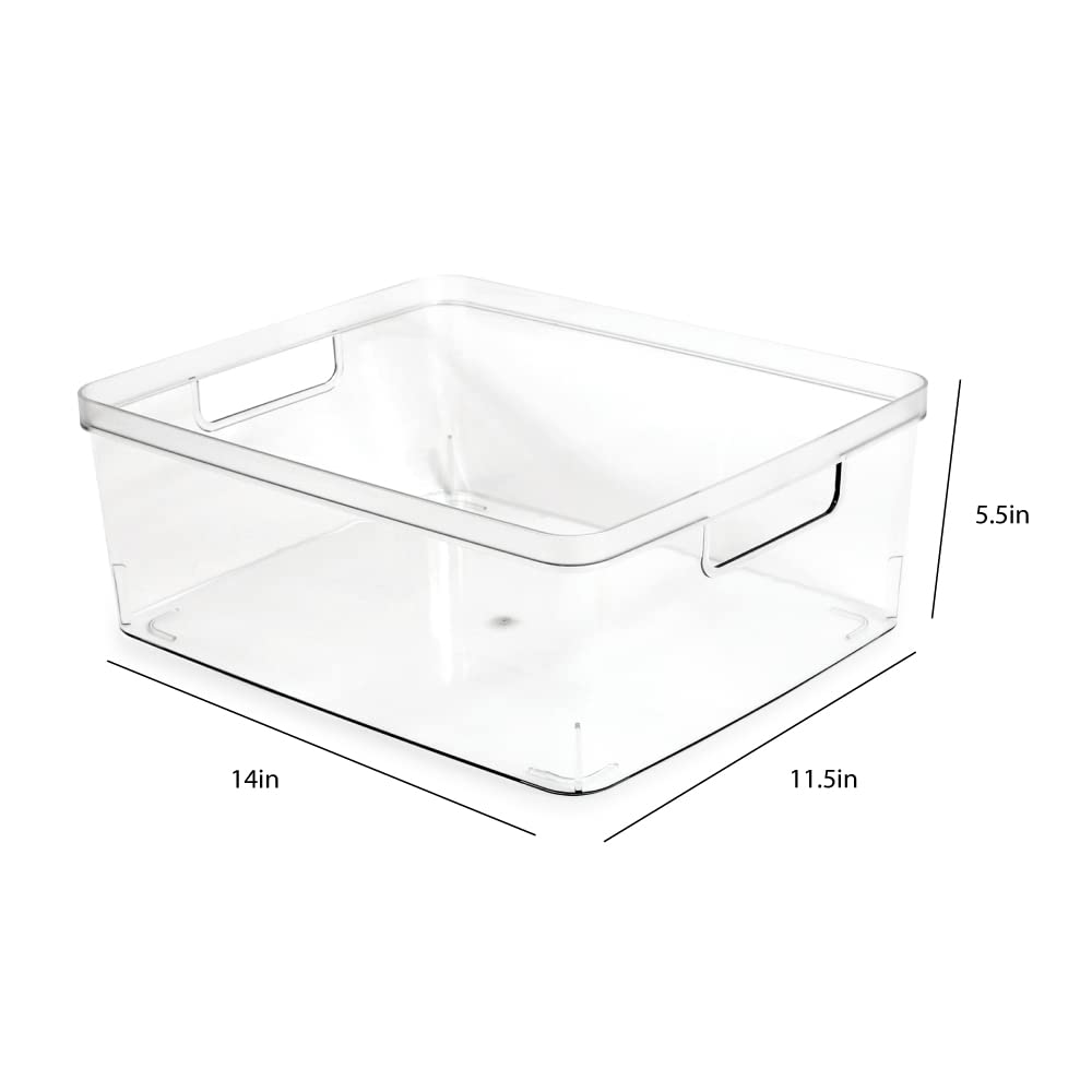 Isaac Jacobs 2-Pack Large Clear Storage Bins (11.5” L x 14” W x 5.5” H) w/Cutout Handles, Plastic Organizer for Home, Office, Kitchen, Fridge/Freezer, Bathroom, BPA Free, Food Safe (Large)