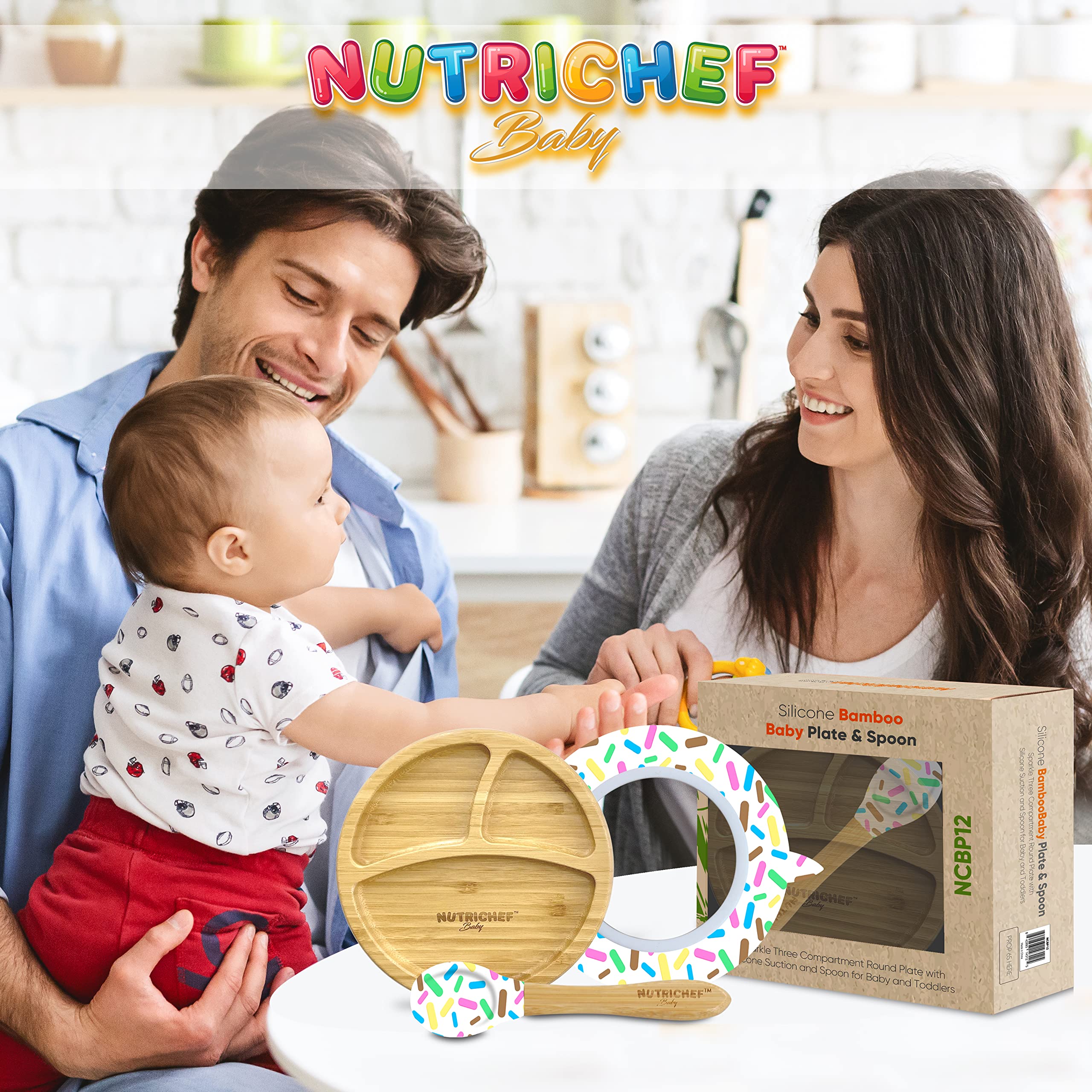 NutriChef Baby and Toddler plate - silicon suction, 3 compartment, Non-toxic All-natural Bamboo Baby Food plate (Sparkle)