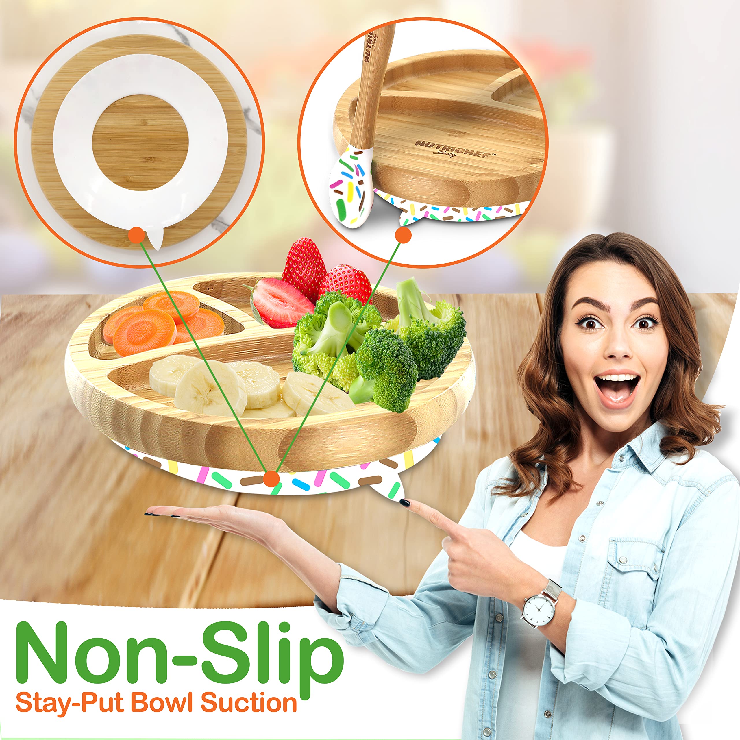 NutriChef Baby and Toddler plate - silicon suction, 3 compartment, Non-toxic All-natural Bamboo Baby Food plate (Sparkle)