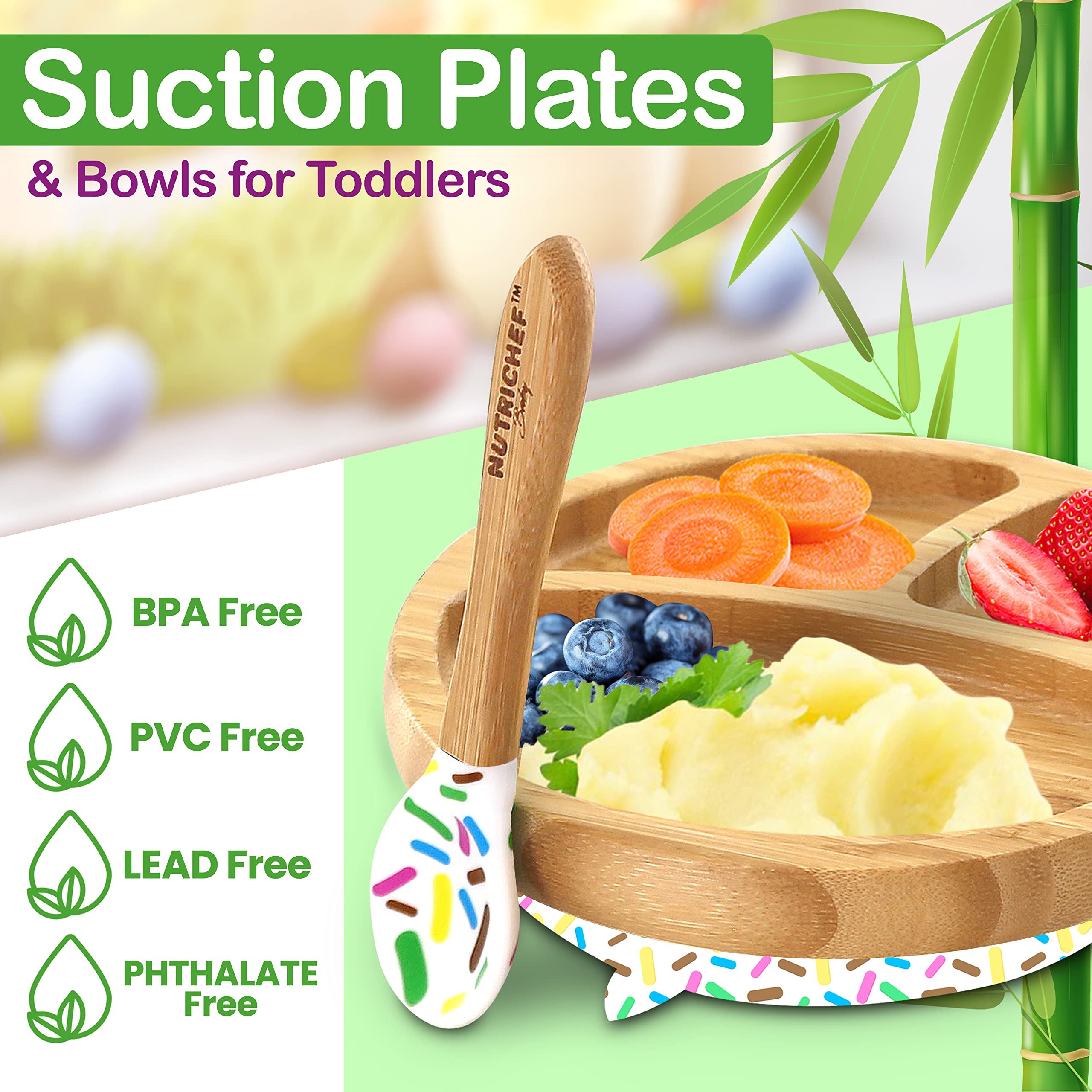 NutriChef Baby and Toddler plate - silicon suction, 3 compartment, Non-toxic All-natural Bamboo Baby Food plate (Sparkle)