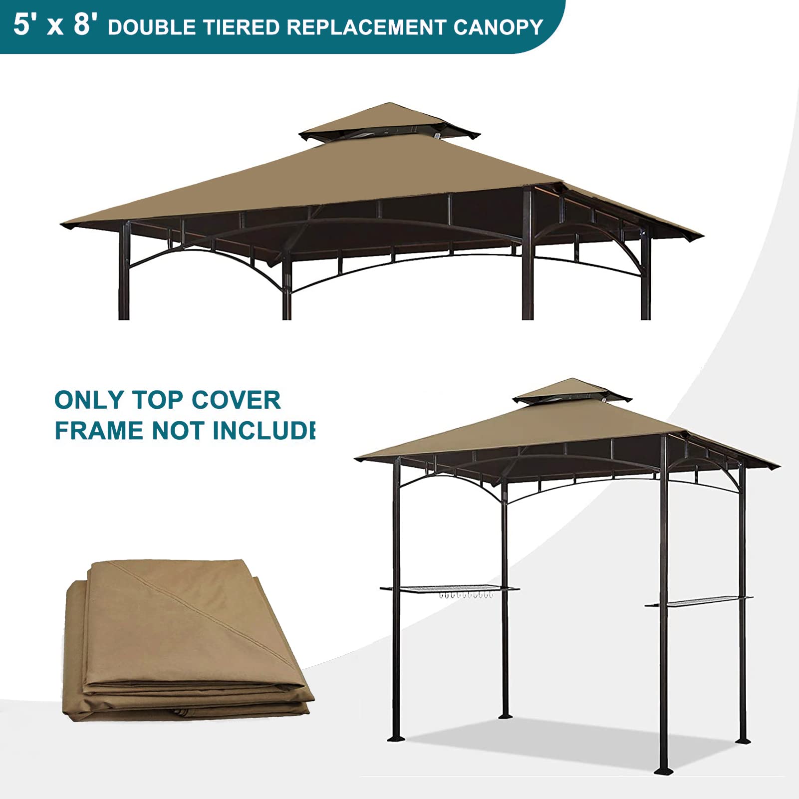 Grill Gazebo Replacement Canopy Top - Wonwon 5x8 Gazebo Roof Double Tiered Outdoor BBQ Roof Cover Grill Shelter Only Fit for Model L-GG001PST-F (Khaki)