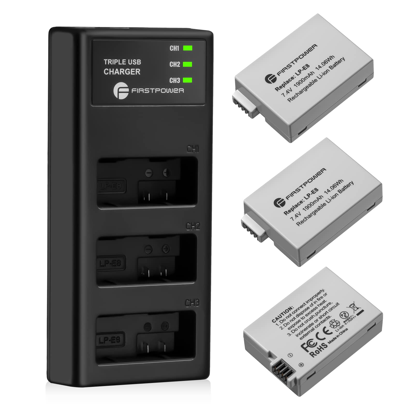 FirstPower LP-E8 Battery 3-Pack and Triple Slot Charger Compatible with Canon EOS Rebel T2i, T3i, T4i, T5i, 550D, 600D, 650D, 700D, Kiss X4, Kiss X5, Kiss X6 Digital Cameras