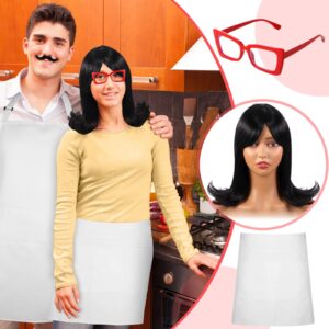 Chuangdi 7 Pcs Halloween Costume Set Include Short Flip Wigs Black Wig, Red Eyeglasses, White Half Apron, White Apron and 3 Pcs Black Fake Mustaches for Cosplay