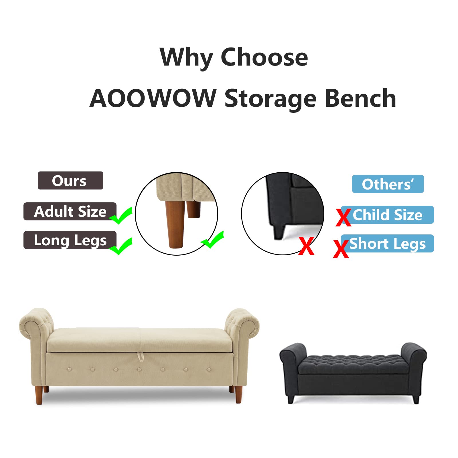 Aoowow Storage Bench for Bedroom End of Bed Rolled Armed PU Leather Ottoman Couch Long Bench Window Sitting Fireplace Toy Storage Bench, Brown