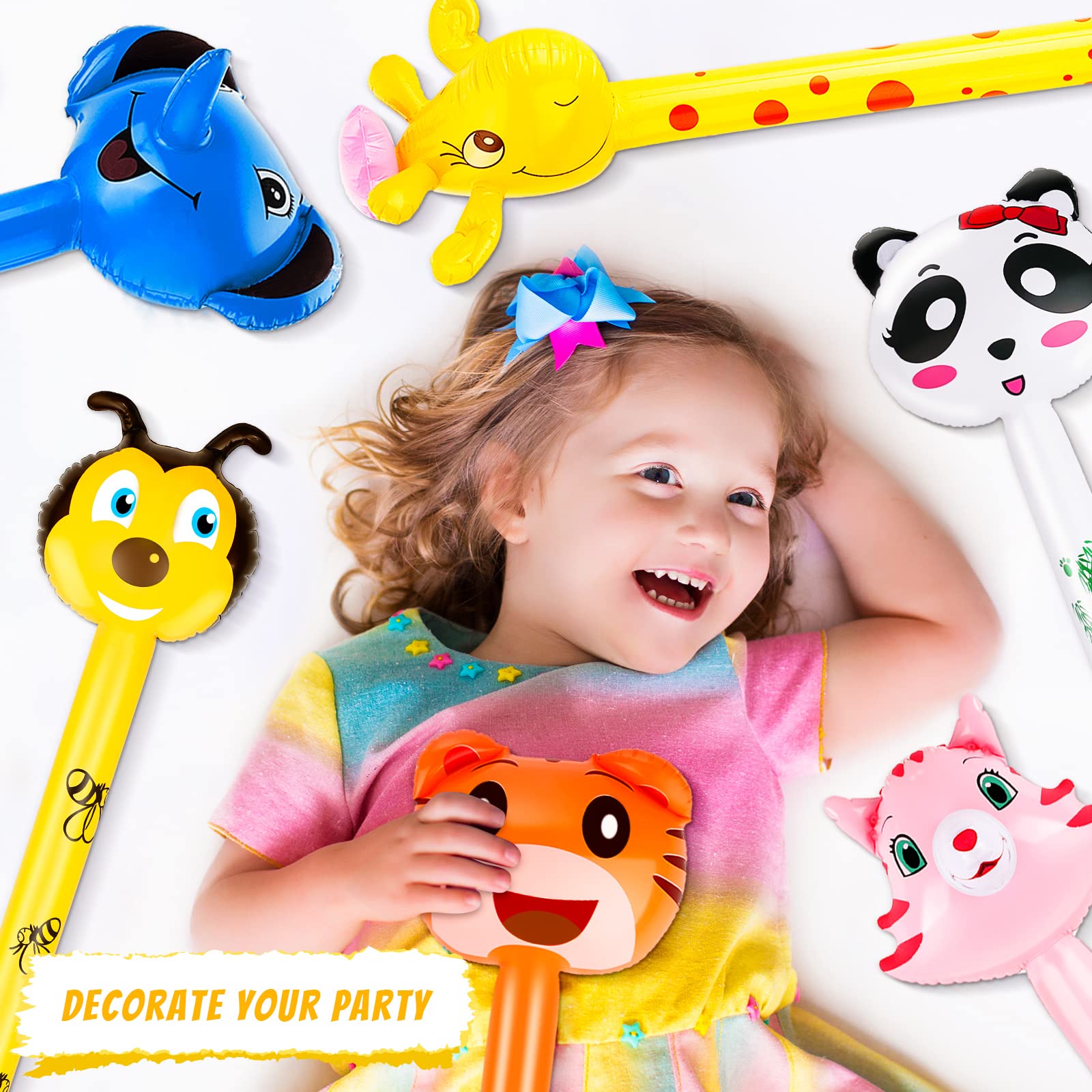 9 Pcs Inflatable Animals Stick with Sound Jungle Safari Inflatable Toys Tiger Zebra Giraffe Elephant Balloon Sticks Inflatable Hammer Blow up Animals for Animal Theme Birthday Party Favors Decorations