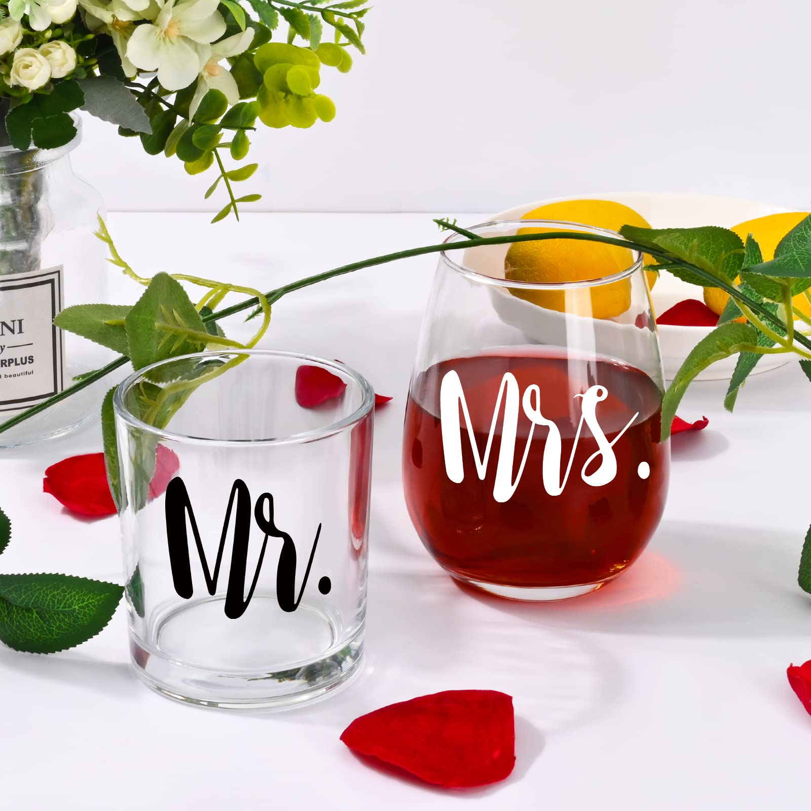 Futtumy Mr & Mrs Whiskey Glass and Stemless Wine Glass Gift Set, Valentine’s Day Gift for Mr Mrs Couple Husband Wife Bride Groom, Unique Glass Set Idea for Valentine’s Day Birthday Christmas Wedding