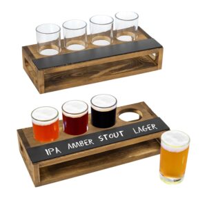 mygift rustic dark brown burnt solid wood sampler tray beer flight holder serving set with 4 glasses and erasable chalkboard label, set of 2